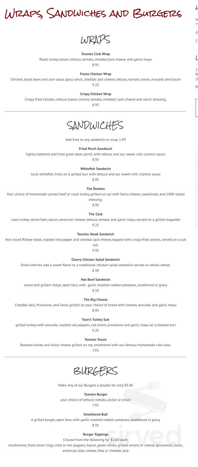 Toonie's Fish & Steak House menu in Bellaire, Michigan, USA