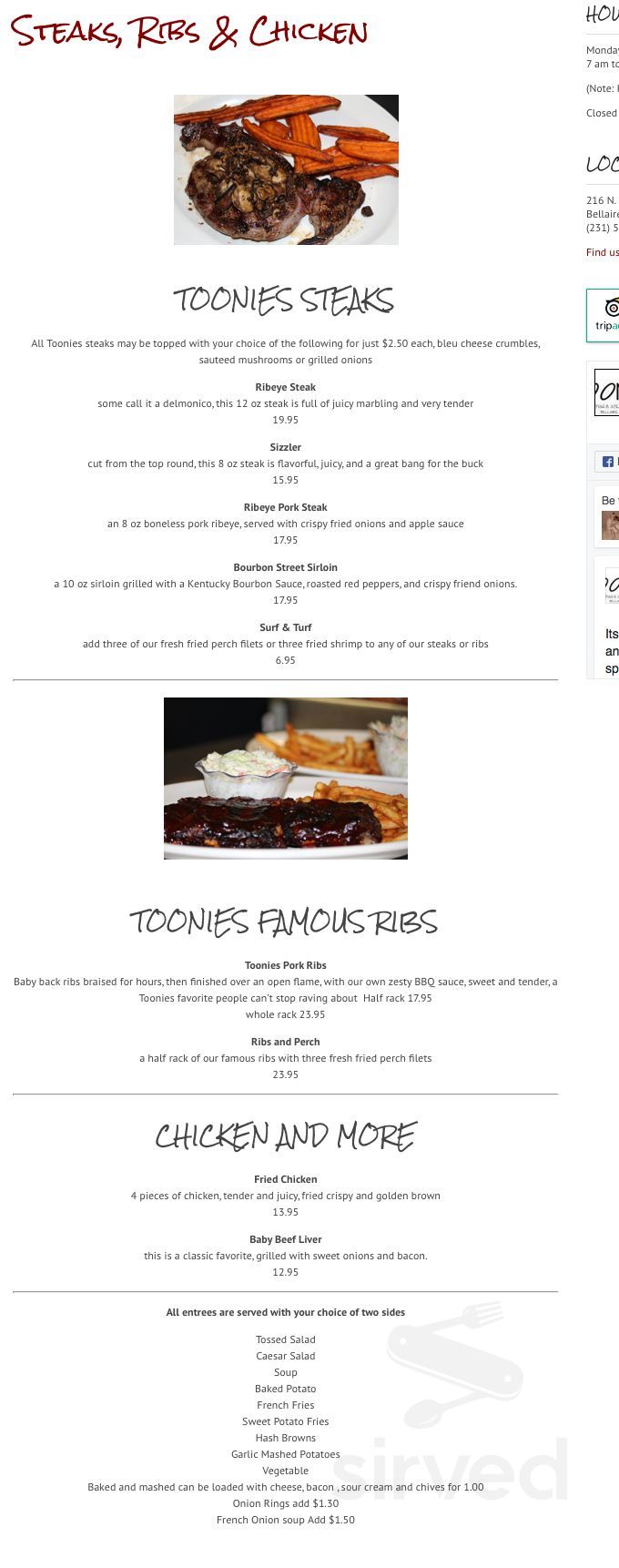 Menu - Bellaire MI's Toonie's Fish & Steak House | Sirved