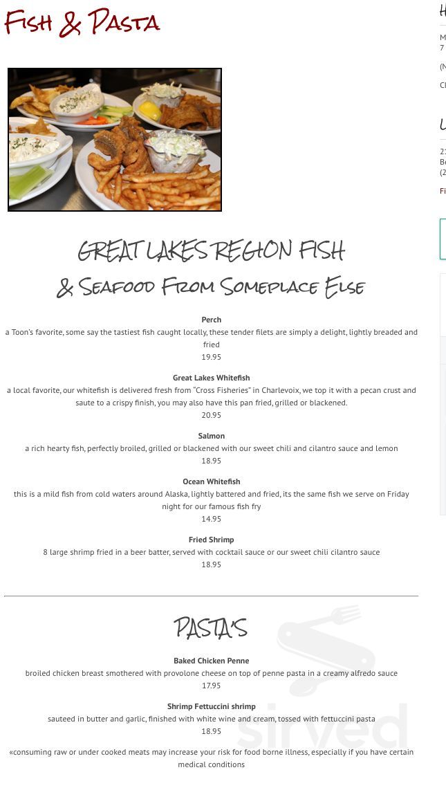 Menu - Bellaire MI's Toonie's Fish & Steak House | Sirved