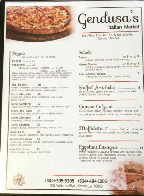 Gendusa's Italian Eatery menu in Kenner, Louisiana, USA