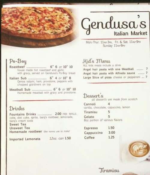 Gendusa's Italian Eatery menu in Kenner, Louisiana, USA