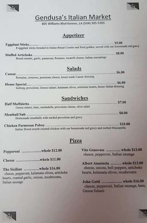 Gendusa's Italian Eatery menu in Kenner, Louisiana, USA
