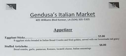 Menu for Gendusa's Italian Eatery in Kenner, LA | Sirved