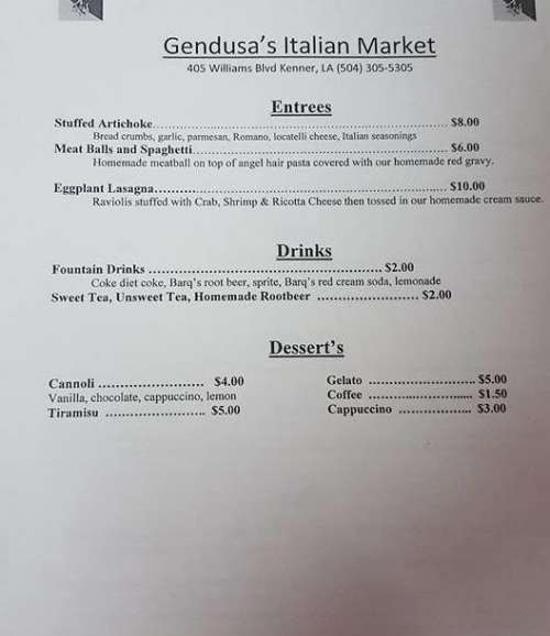Gendusa's Italian Eatery menu in Kenner, Louisiana, USA