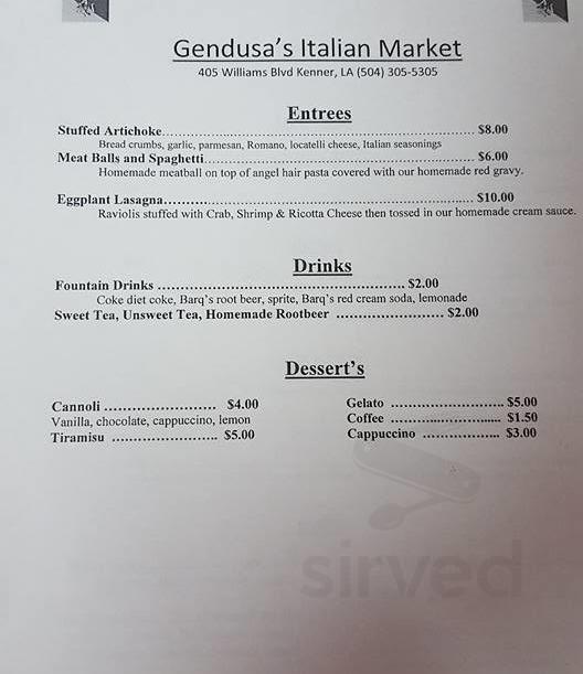 Gendusa's Italian Eatery menu in Kenner, Louisiana, USA