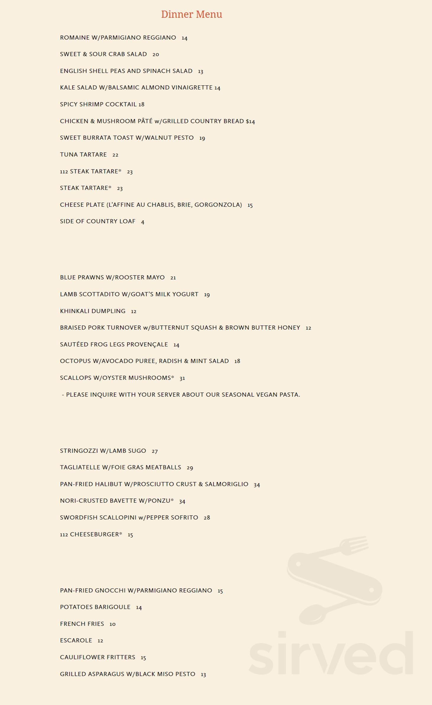 112 Eatery menu in Minneapolis, Minnesota, USA