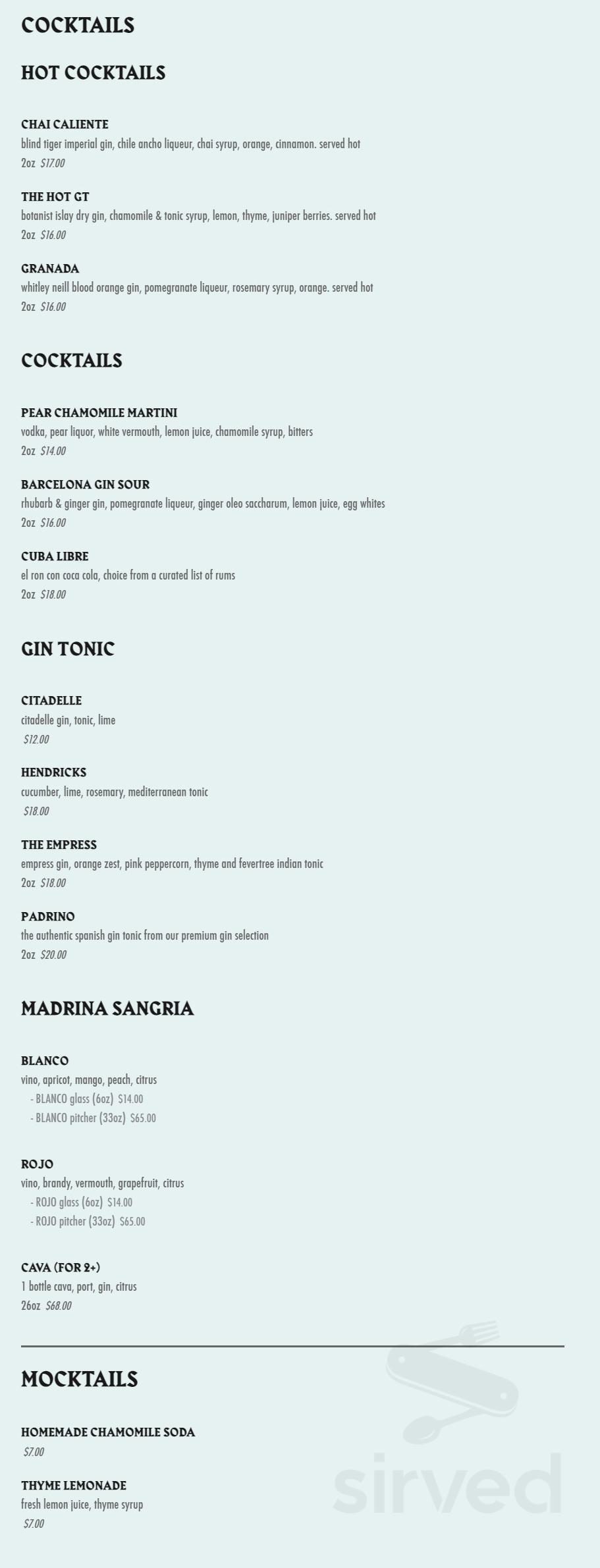 Menu - Toronto ON's Madrina Bar y Tapas | Sirved