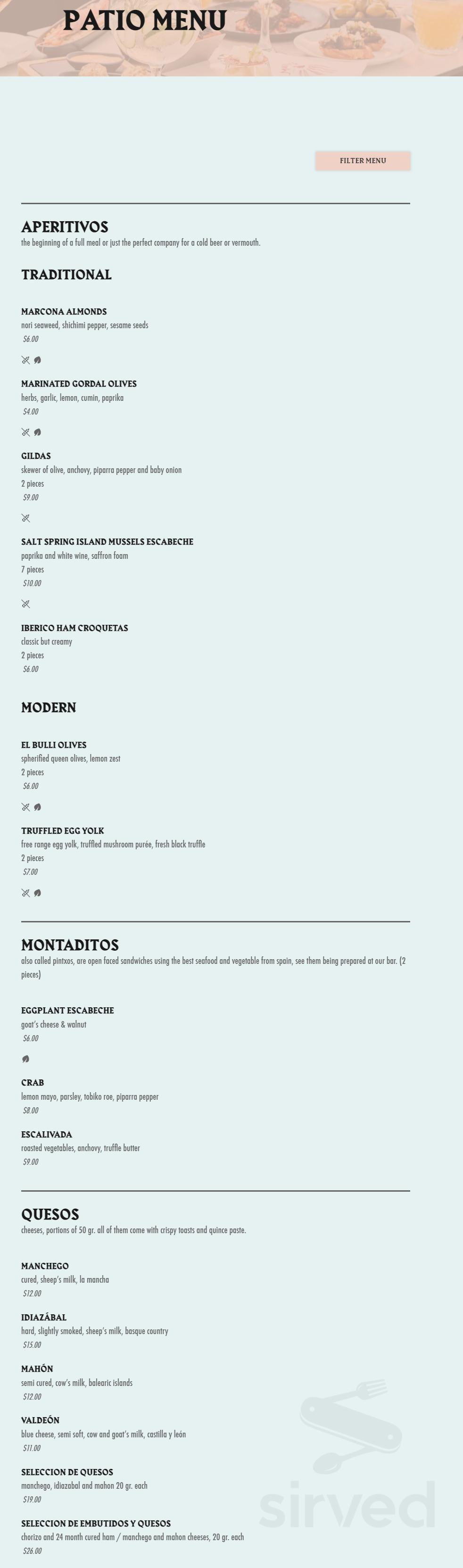 Madrina Bar y Tapas menu in Toronto, Ontario, Canada