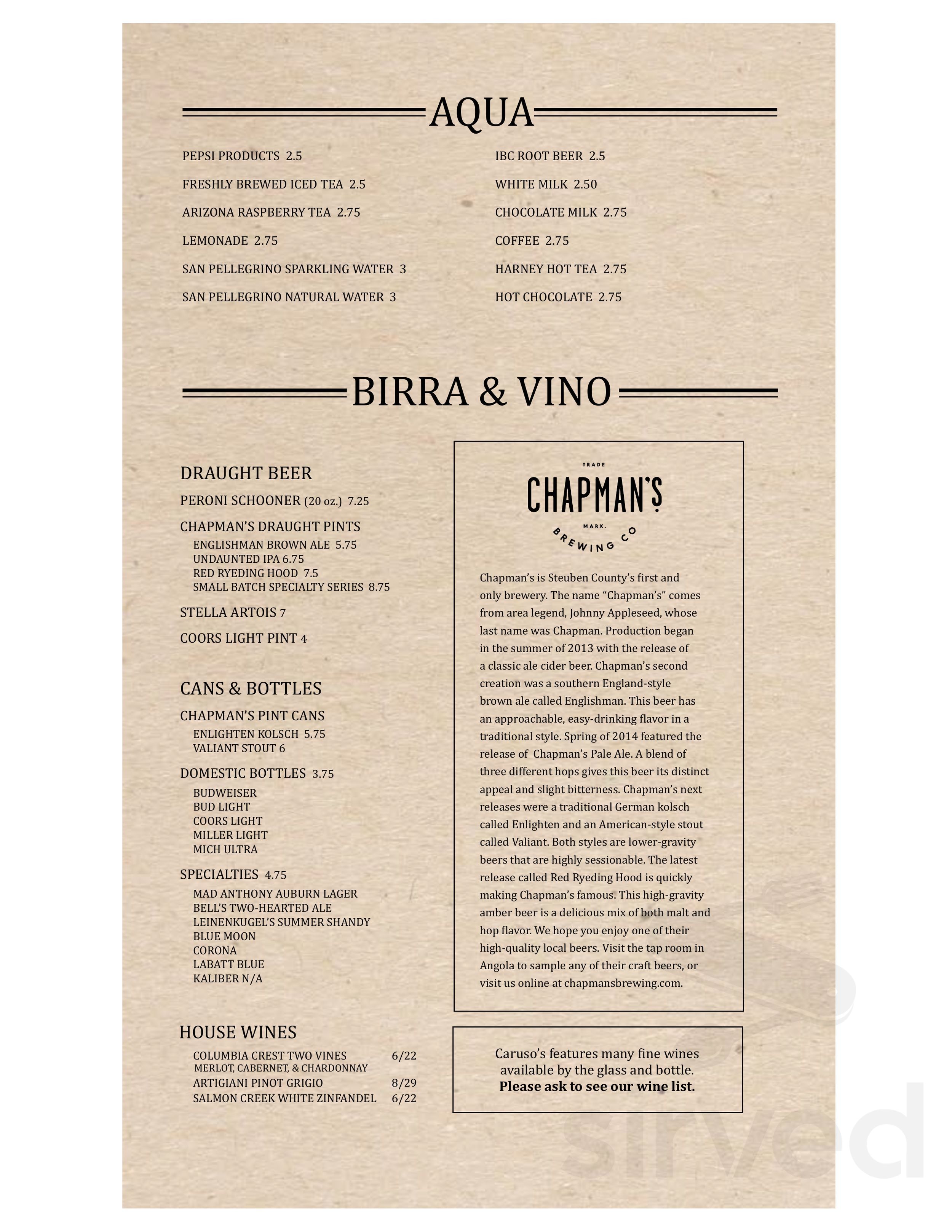 Caruso's Restaurant menus in Angola, Indiana, United States