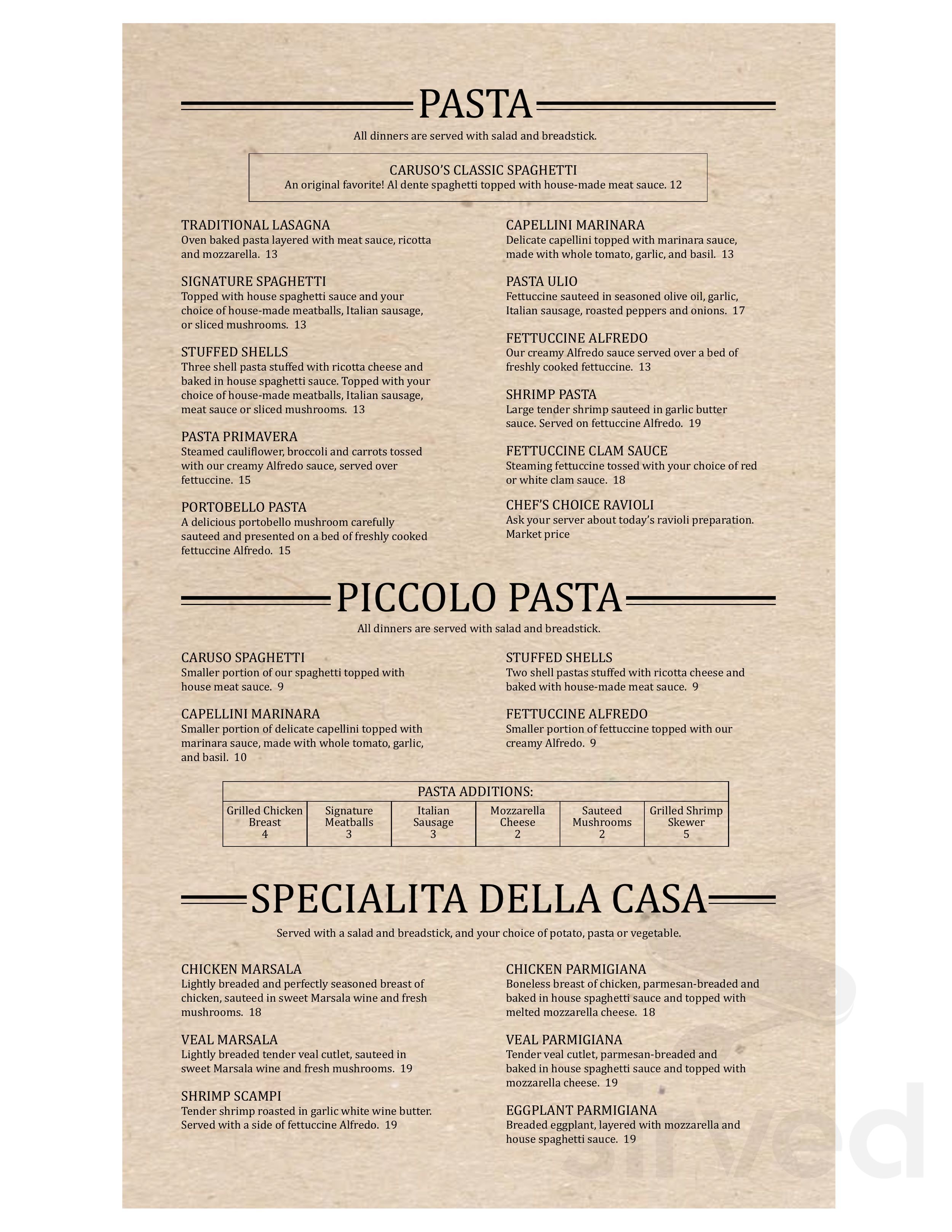 Caruso's Restaurant menus in Angola, Indiana, United States
