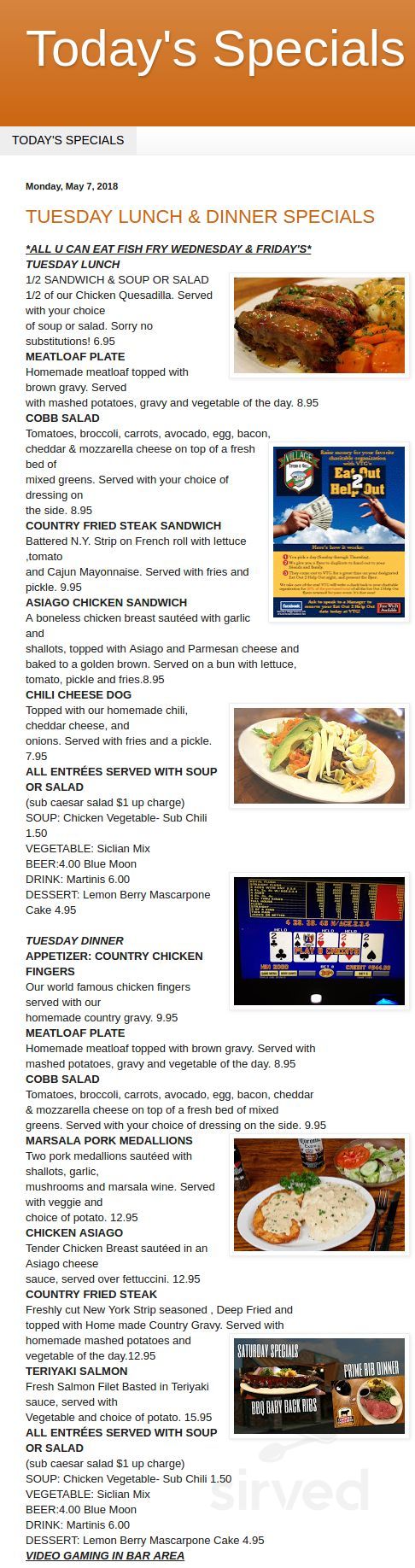 Menu for Village Tavern & Grill of Carol Stream in Carol Stream, IL ...