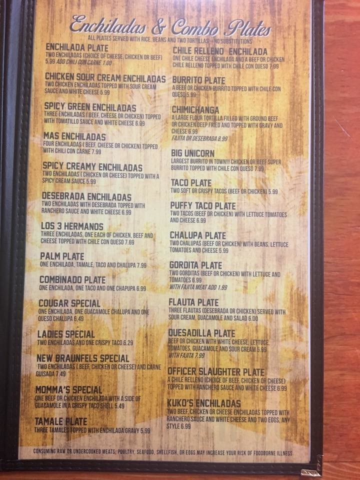 The Palm Cafe menu in New Braunfels, Texas, USA