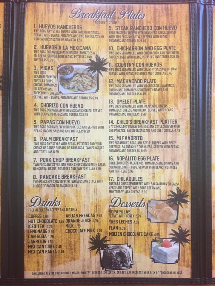 The Palm Cafe menu in New Braunfels, Texas, USA