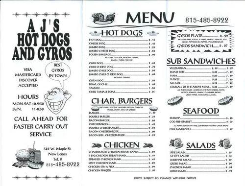 AJ's Hot Dogs, Subs & Gyros menu in New Lenox, Illinois, USA
