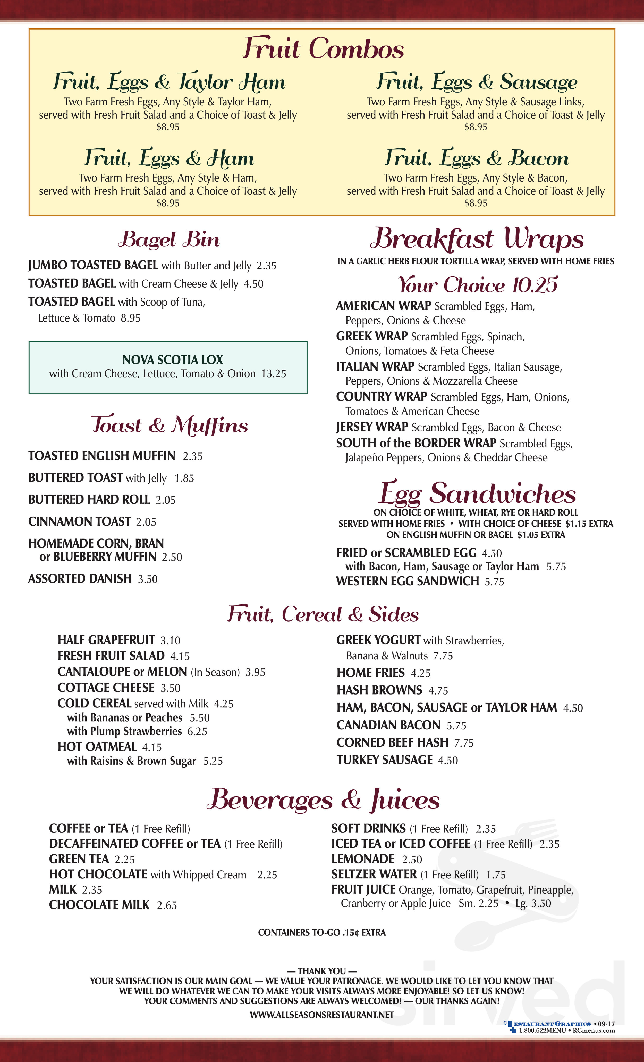All Seasons Diner menu in Eatontown, New Jersey, USA