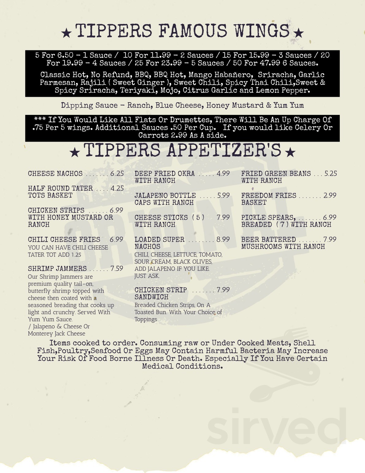 Menu for Tippers Neighborhood Pub Inc in Clarksville, TN | Sirved