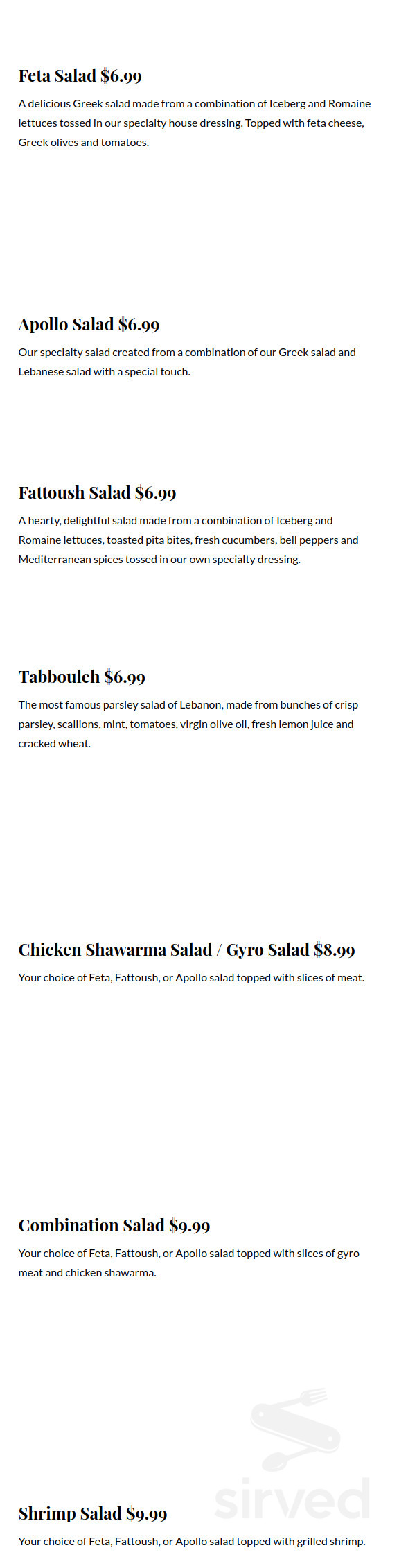 APOLLO GREEK & LEBANESE CAFE menu in Alexandria, Louisiana, USA