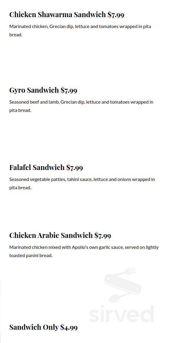 APOLLO GREEK & LEBANESE CAFE menu in Alexandria, Louisiana, USA