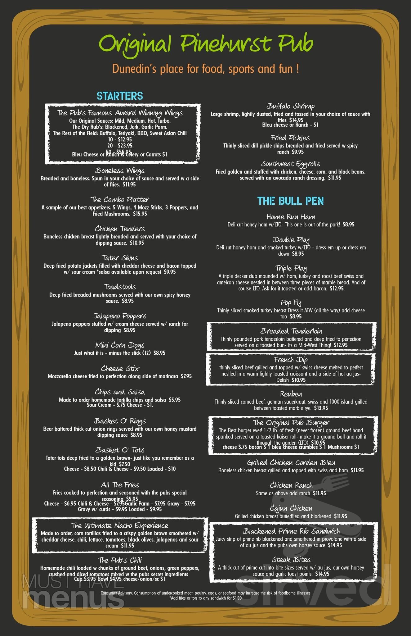 Original Pinehurst Pub menu in Dunedin, Florida, USA