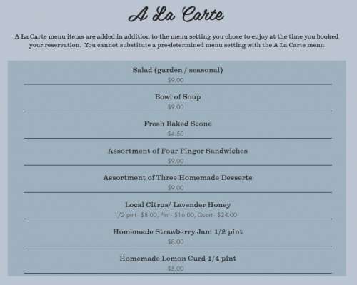 The Olde Magnolia Tea Room menu in Upland, California, USA