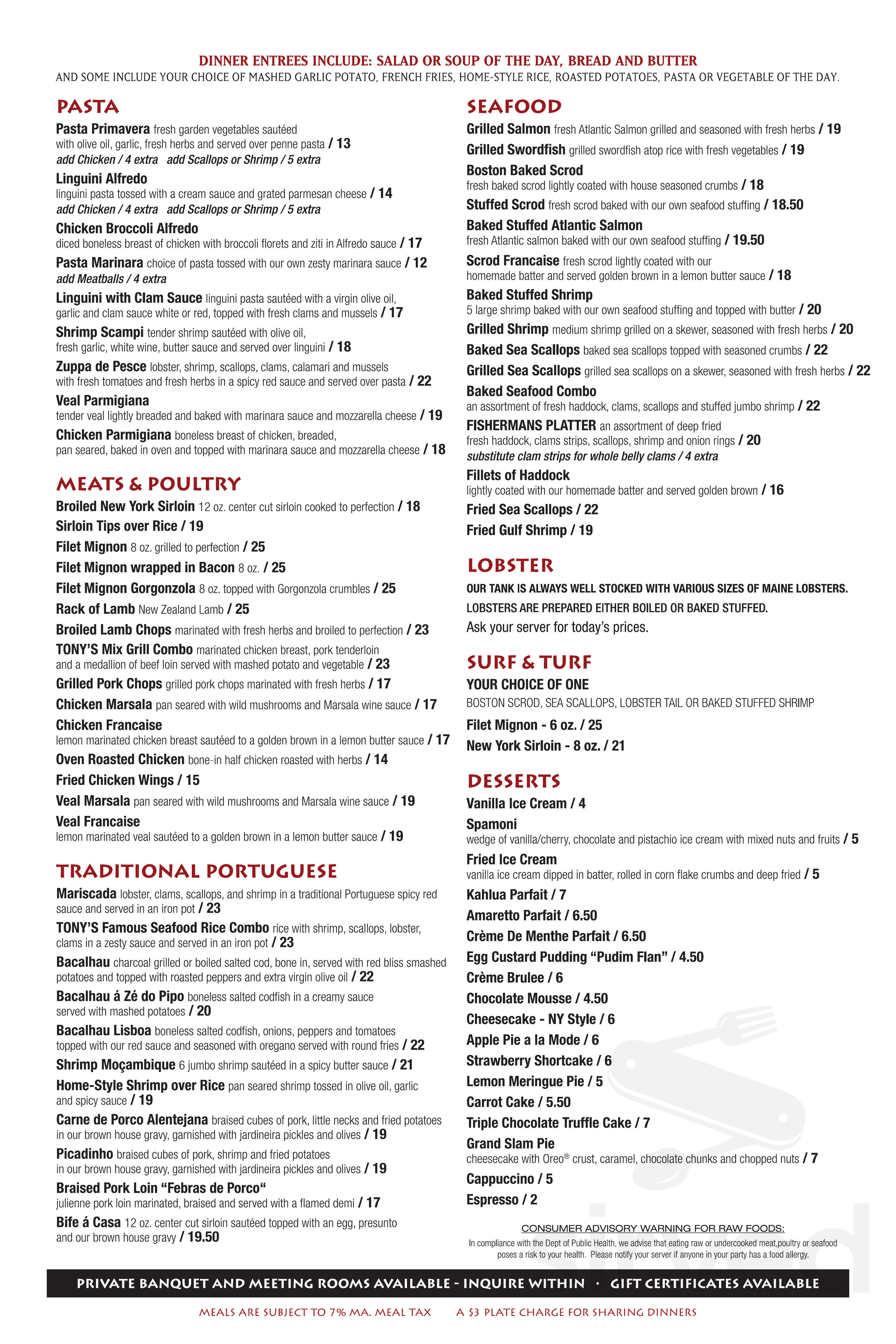 Tony & Penny's Restaurant menus in Ludlow, Massachusetts, United States