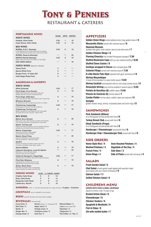 Tony & Penny's Restaurant menu in Ludlow, Massachusetts, USA