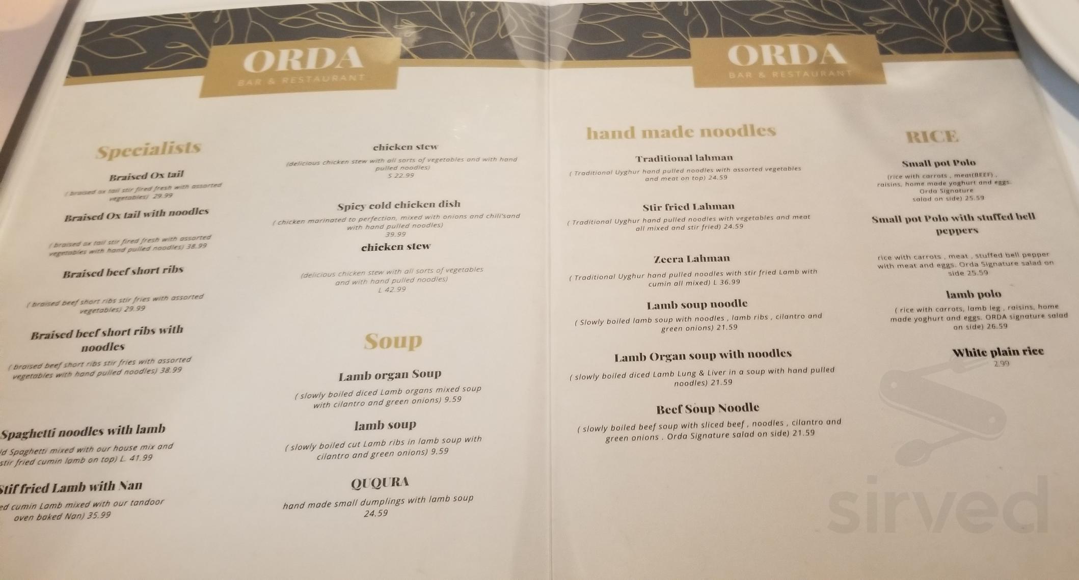 Orda Restaurant menu in Oakville, Ontario, Canada