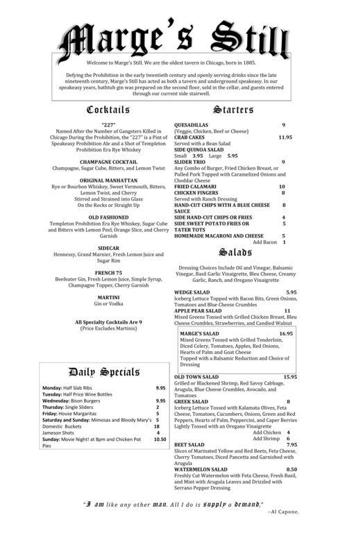 Marge's Still menu in Chicago, Illinois, USA