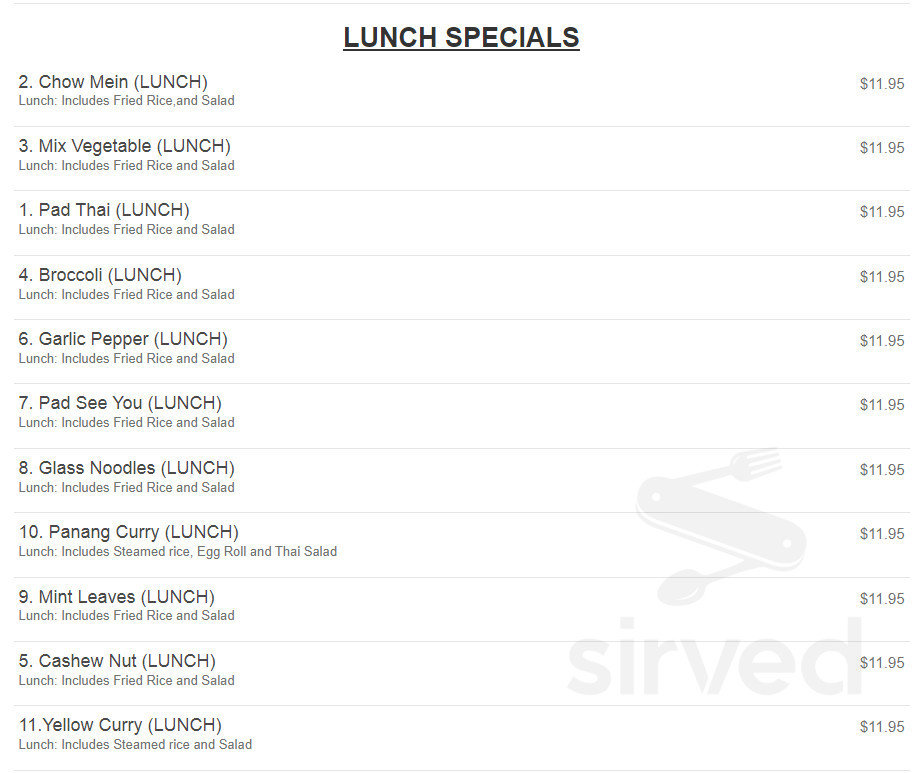 Menu - Torrance CA's Thai Food To Go | Sirved