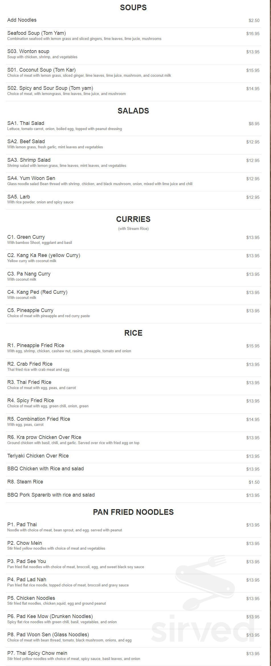 Menu - Torrance CA's Thai Food To Go | Sirved