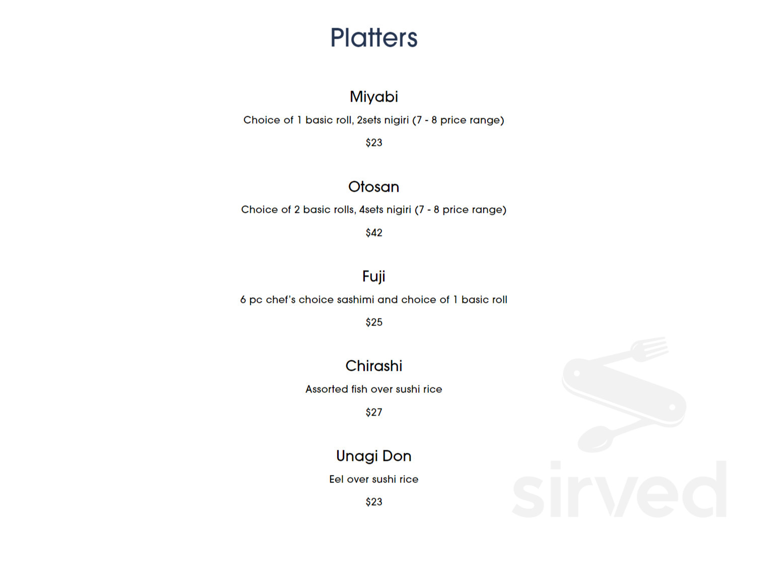 Miyabi japanese cuisine menu in Reno, Nevada, USA
