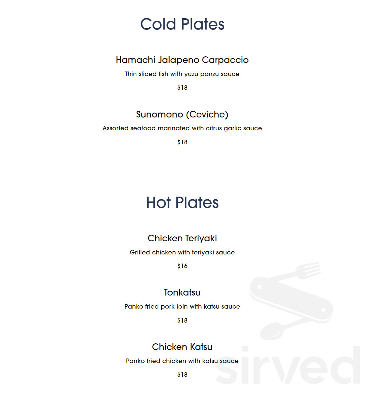 Miyabi japanese cuisine menu in Reno, Nevada, USA
