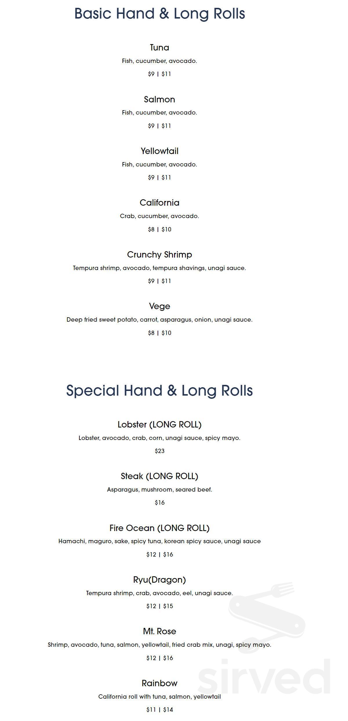 Miyabi japanese cuisine menu in Reno, Nevada, USA