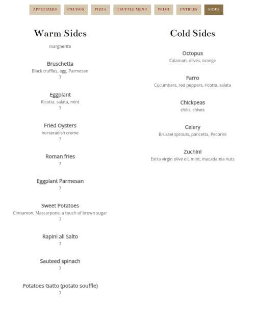 Amore menu in Houston, Texas, USA