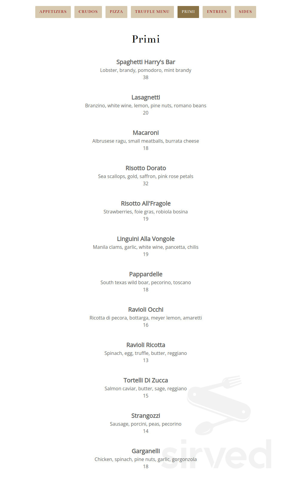 Amore menu in Houston, Texas, USA