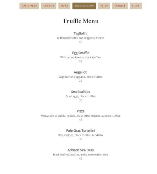 Amore menu in Houston, Texas, USA