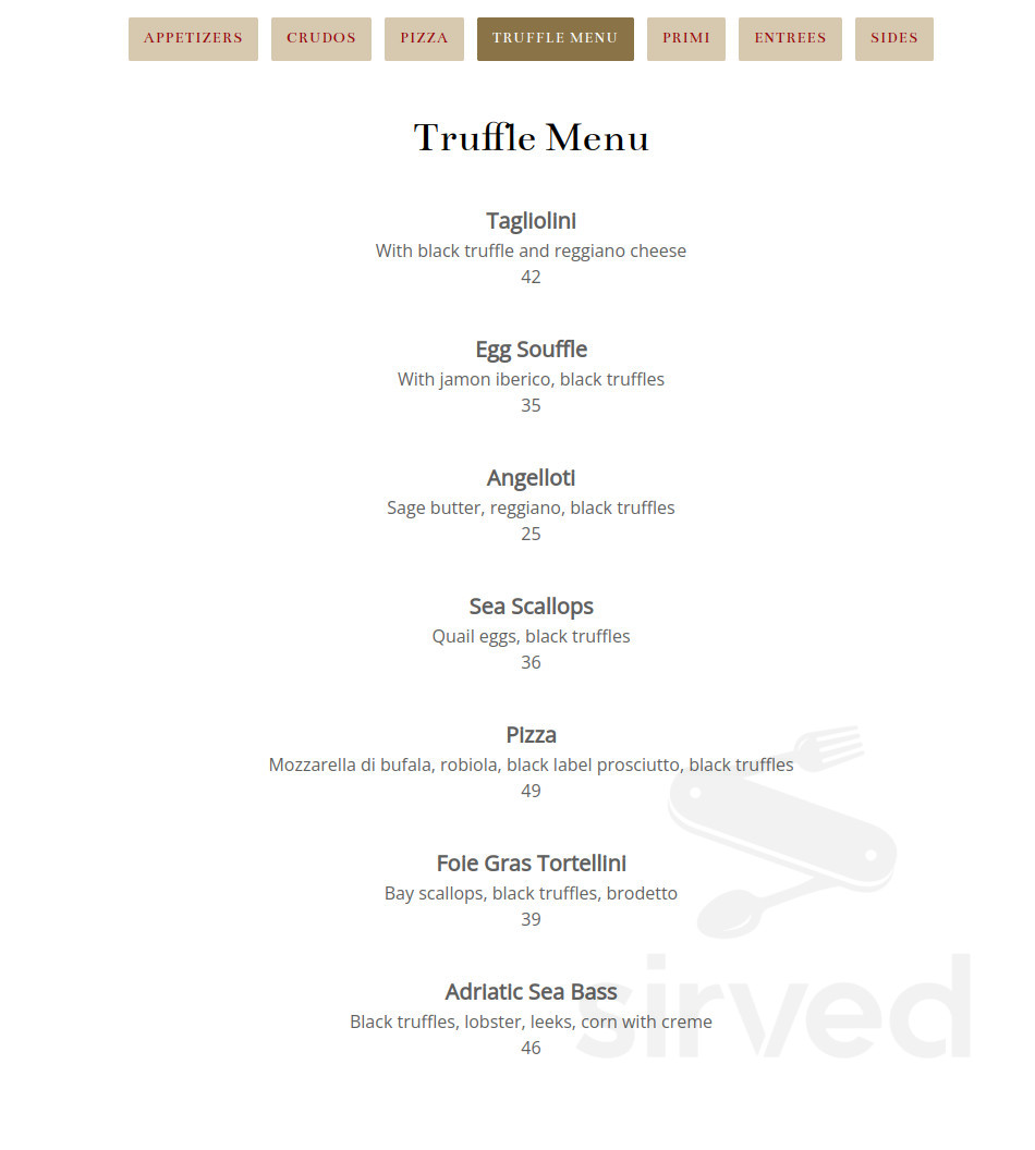 Amore menu in Houston, Texas, USA