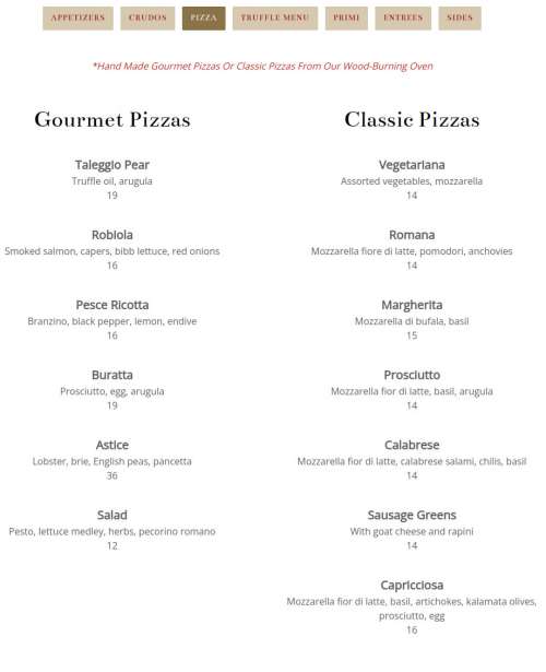 Amore menu in Houston, Texas, USA