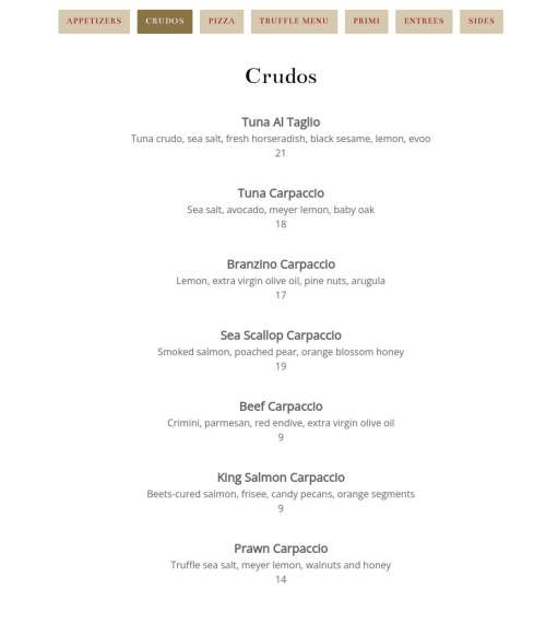 Amore menu in Houston, Texas, USA