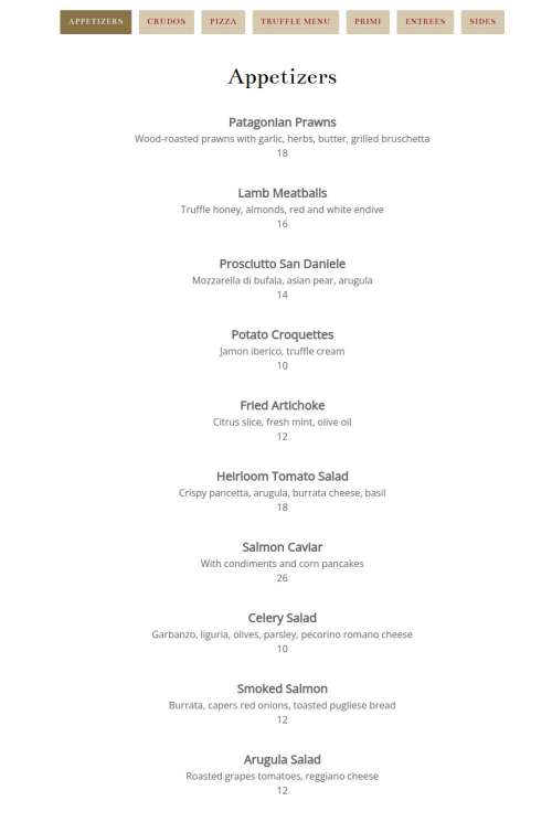 Amore menu in Houston, Texas, USA