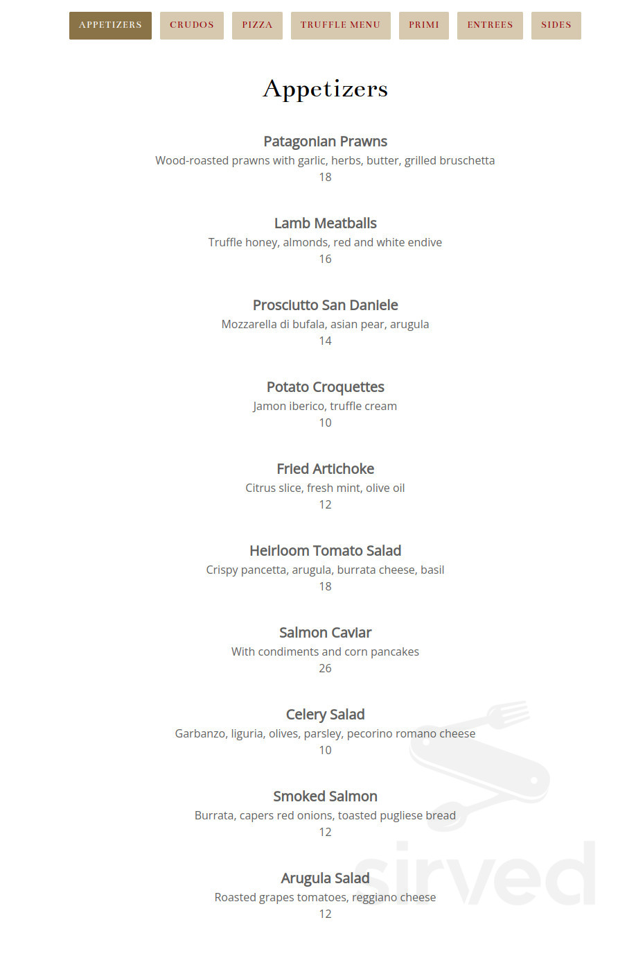 Amore menu in Houston, Texas, USA