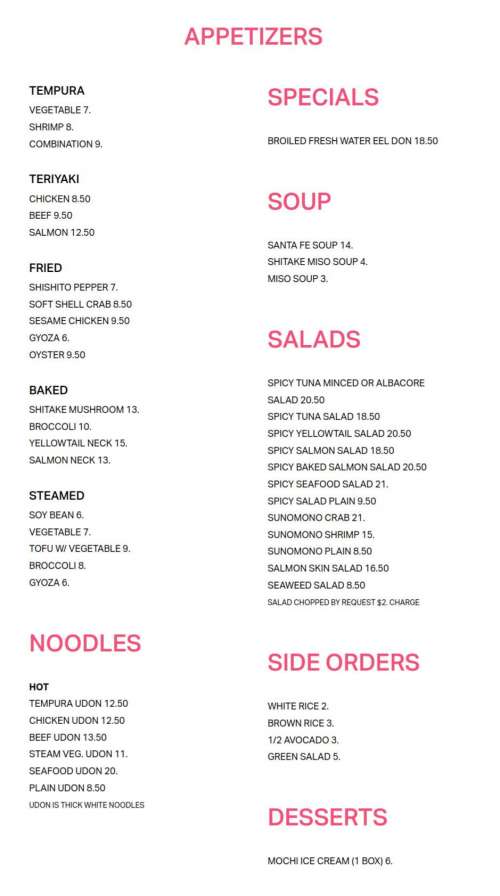 Crazy Fish menu in Beverly Hills, California, USA