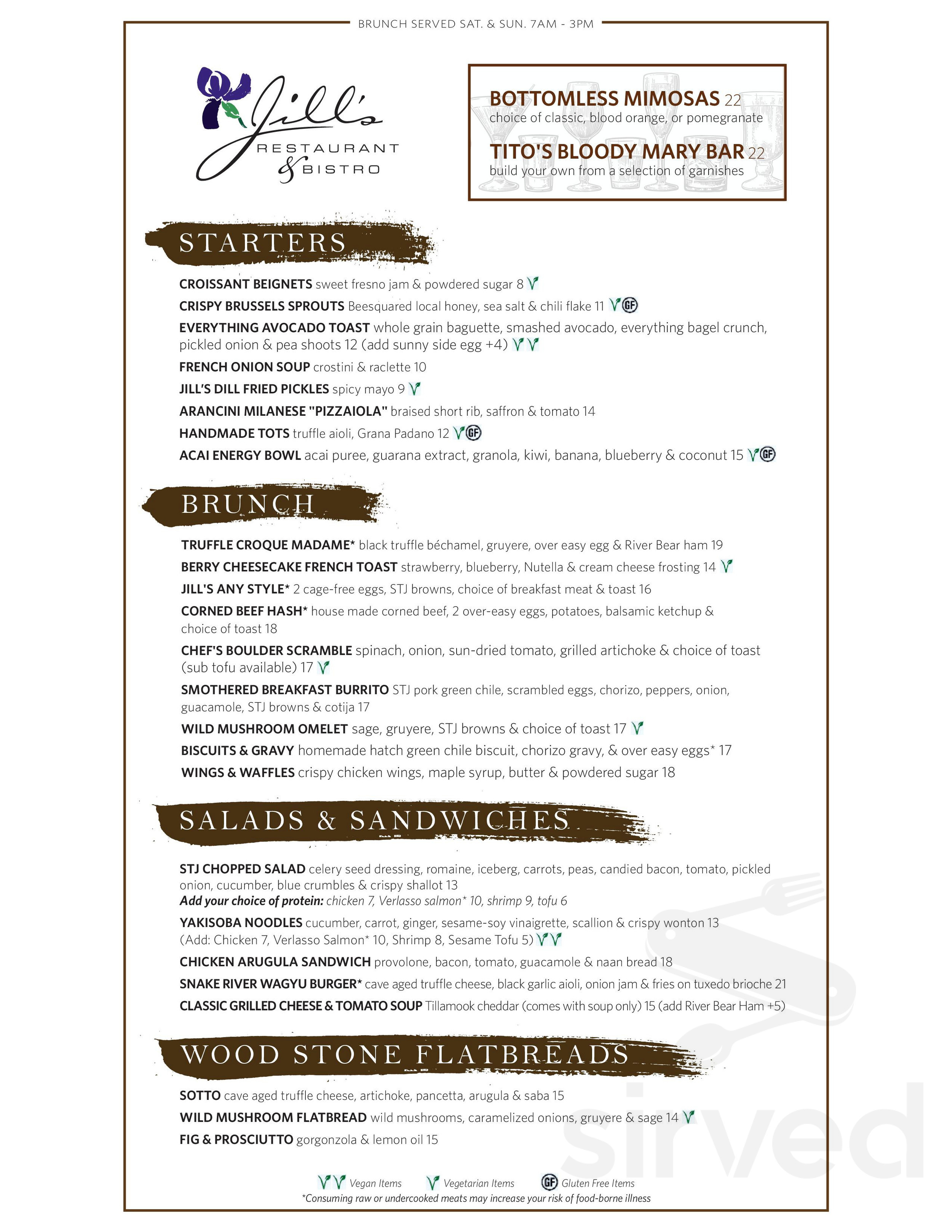 Jill's Restaurant & Bistro menu in Boulder, Colorado, USA