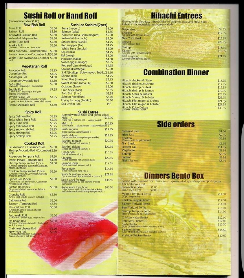 Kobe Sushi and Teriyaki menu in Yakima, Washington, USA