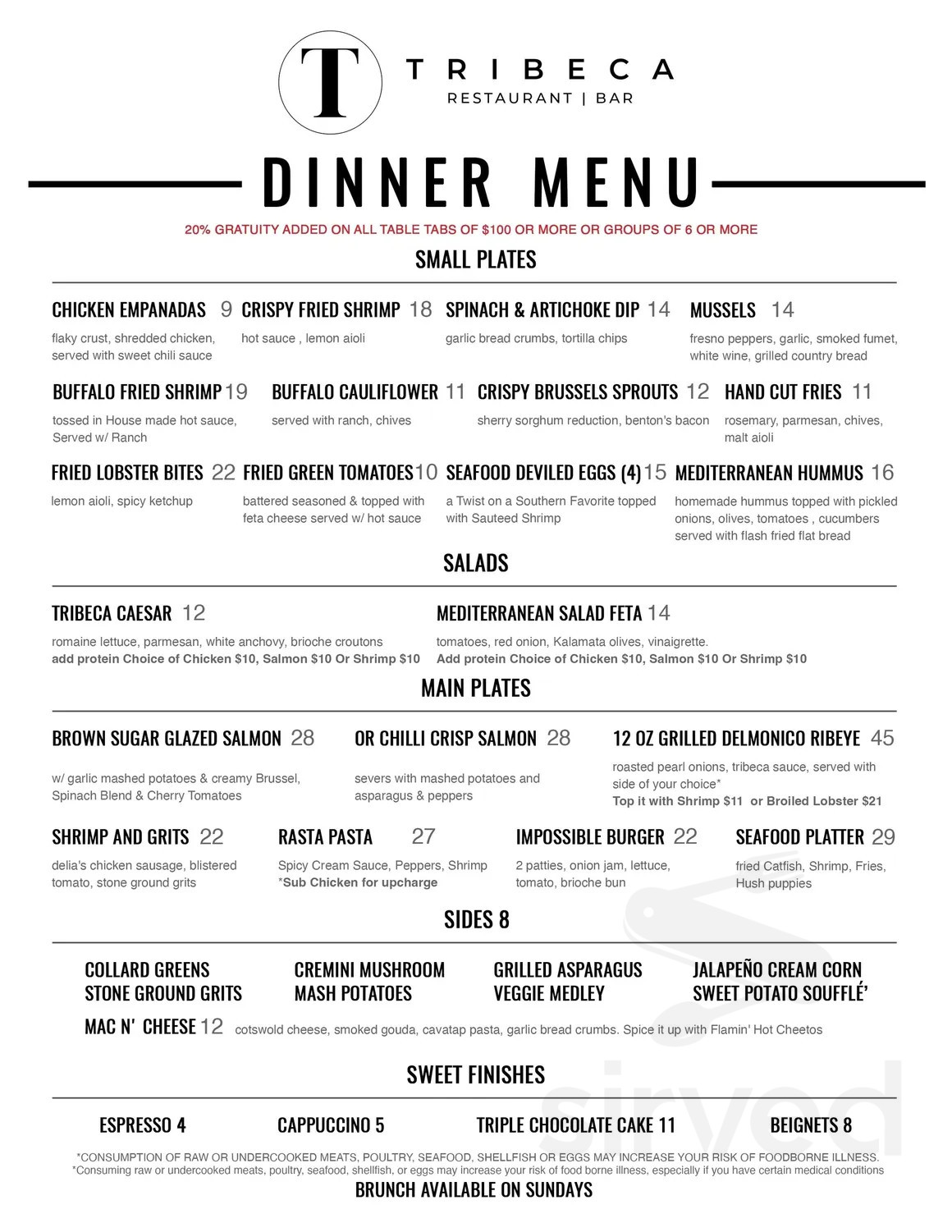 Tribeca Restaurant menu in Atlanta, Georgia, USA