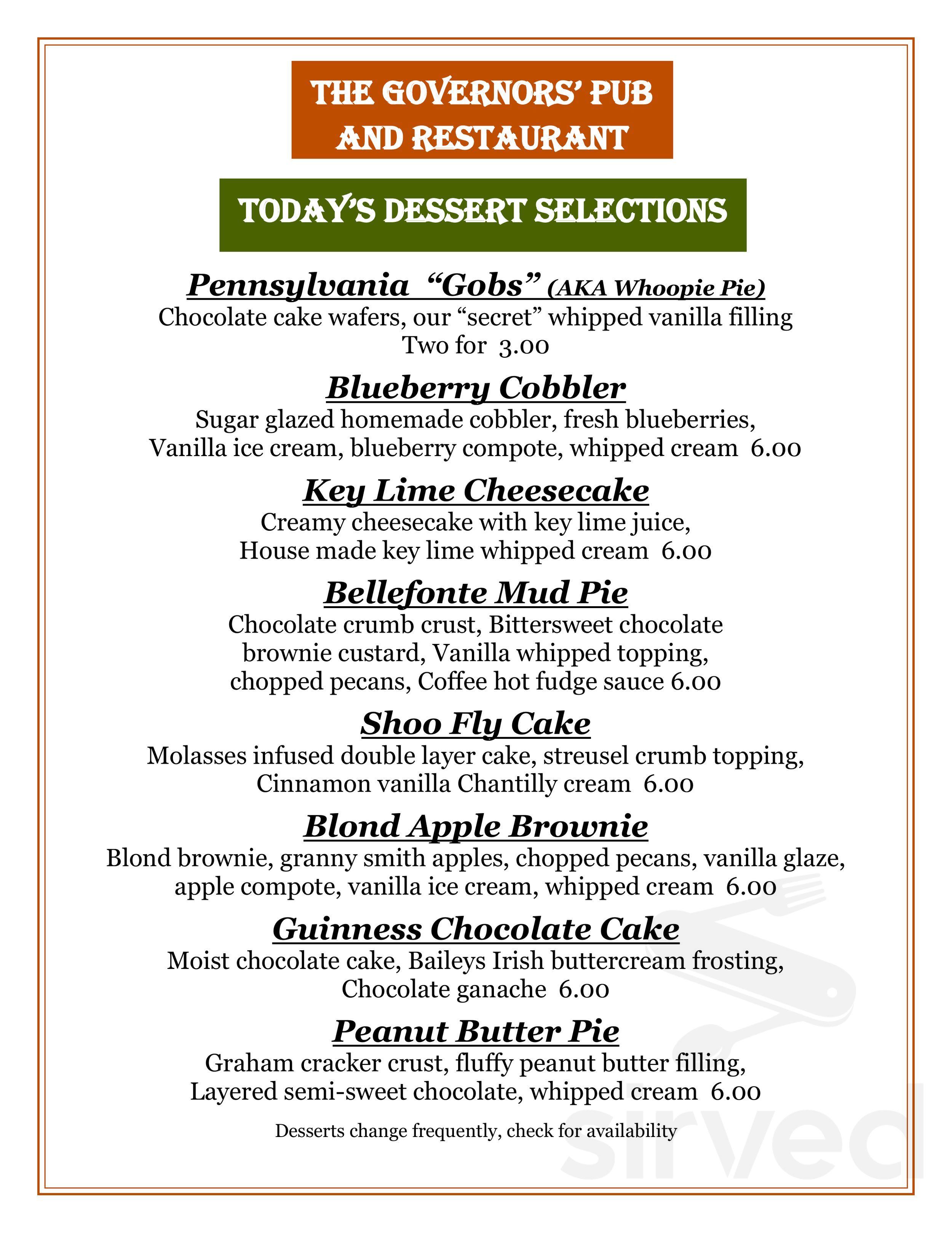 The Governors' Pub & Restaurant menu in Bellefonte, Pennsylvania, USA