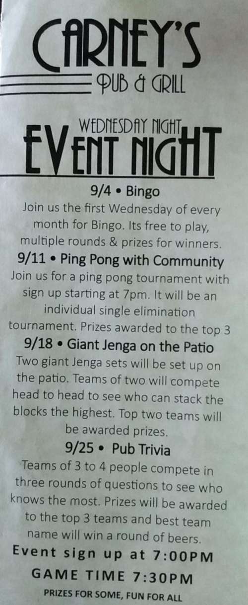 Carney's Pub and Grill menu in Bryan, Texas, USA