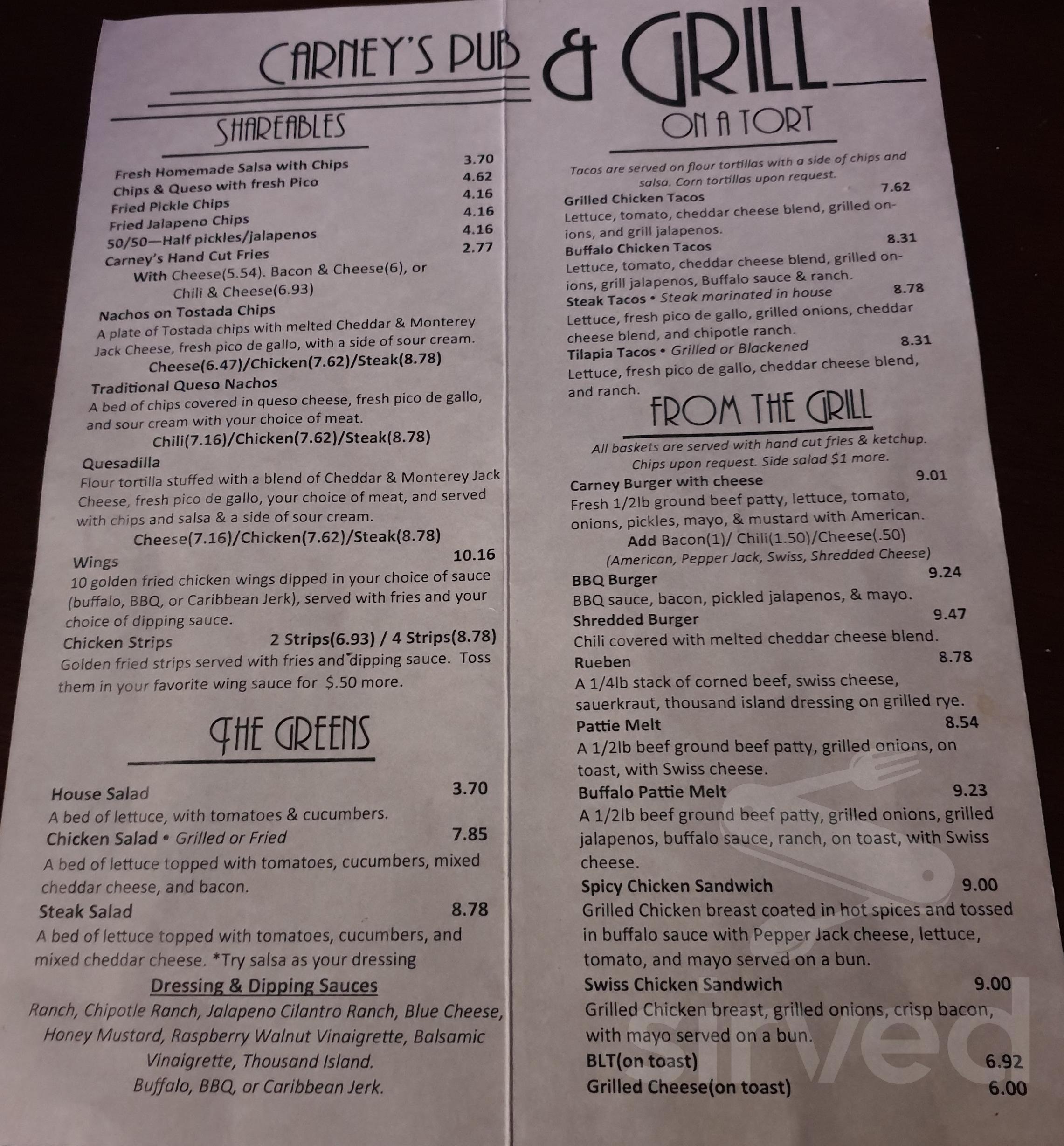 Carney's Pub and Grill menu in Bryan, Texas, USA