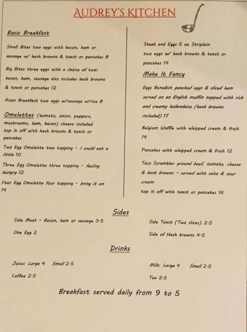 Audrey's Kitchen & Wyatt's Lounge menu in Leduc, Alberta, Canada