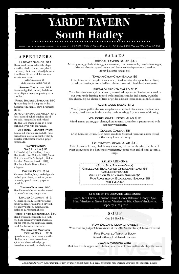 The Yarde Tavern South Hadley menu in South Hadley, Massachusetts, USA